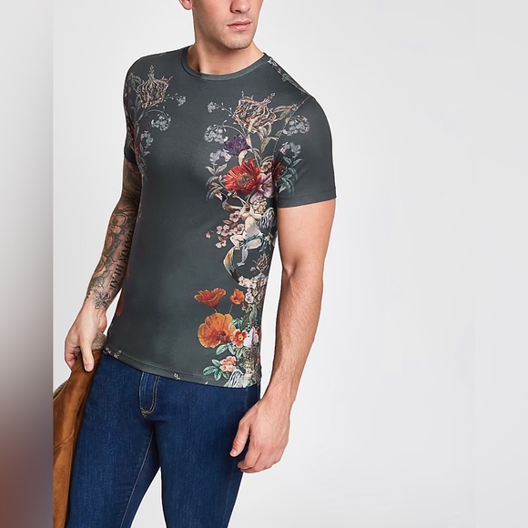 River Island | Shirts | River Island Black Muscle Fit Side Floral Print ...
